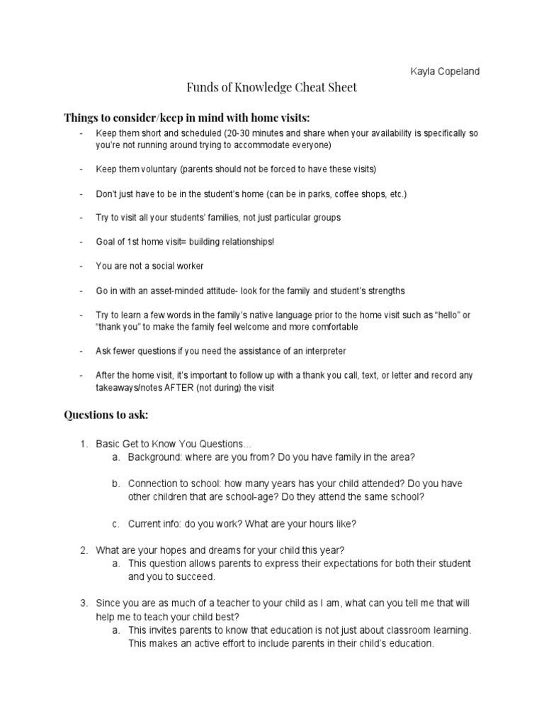 4 - Funds of Knowledge Cheat Sheet | PDF | Teachers | Teaching