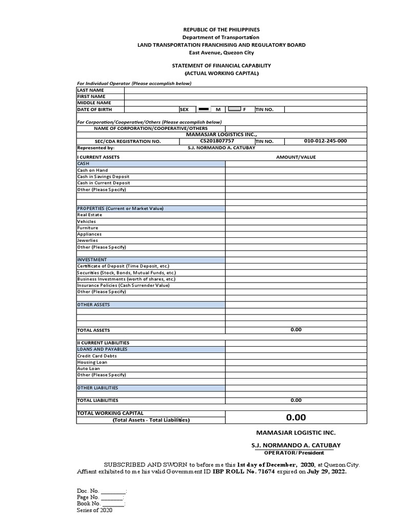 2020 Financial Capability Form - LTFRB | PDF | Securities (Finance) | Loans