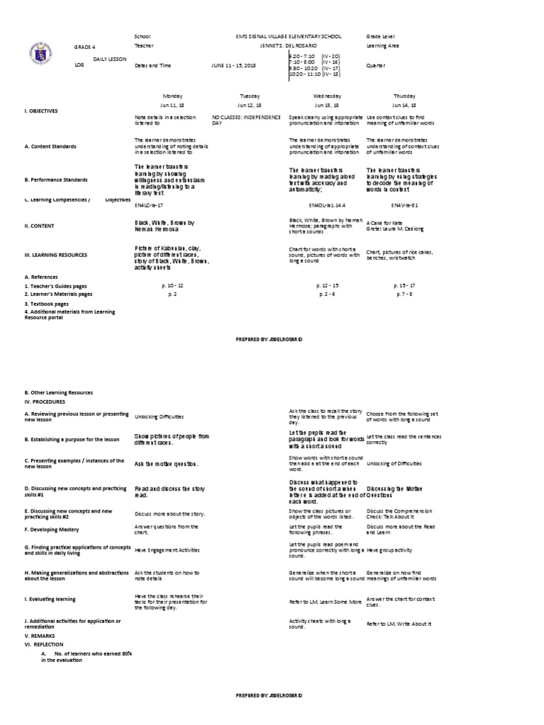 Grade 4 DLL English Q1 W1 | PDF | Reading Comprehension | Teaching