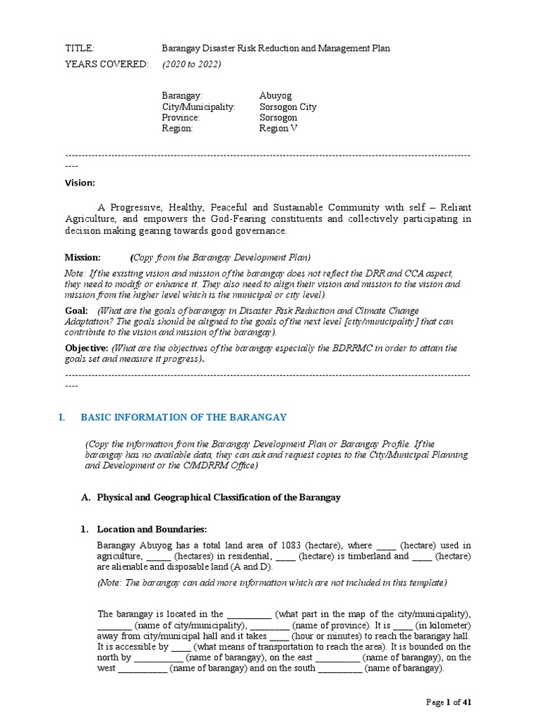 BDRRM Plan Template English - For WS | PDF | Hazards | Emergency Evacuation