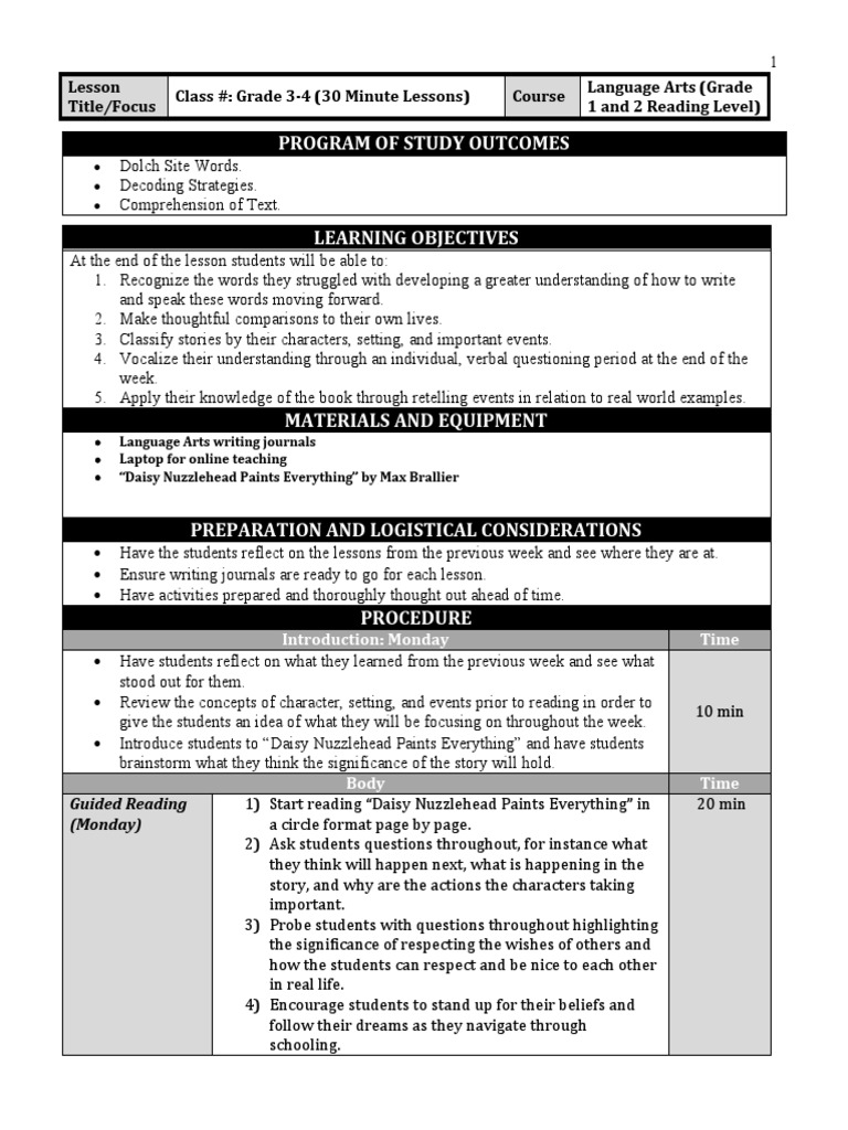 Week 4 Lower Reading Level Lesson Plan | PDF | Reading Comprehension ...