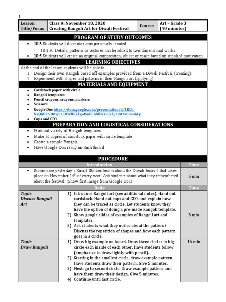 Rangoli Lesson Plan | PDF | Learning | Cognition