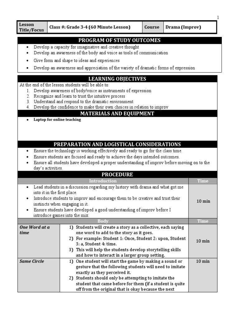 Program of Study Outcomes: Lesson Title/Focus Class #: Grade 3-4 (60 ...