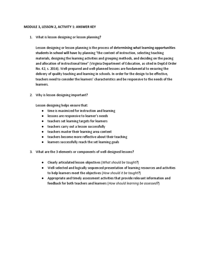 Module 3 Lesson 2 Activity 1 Key | PDF