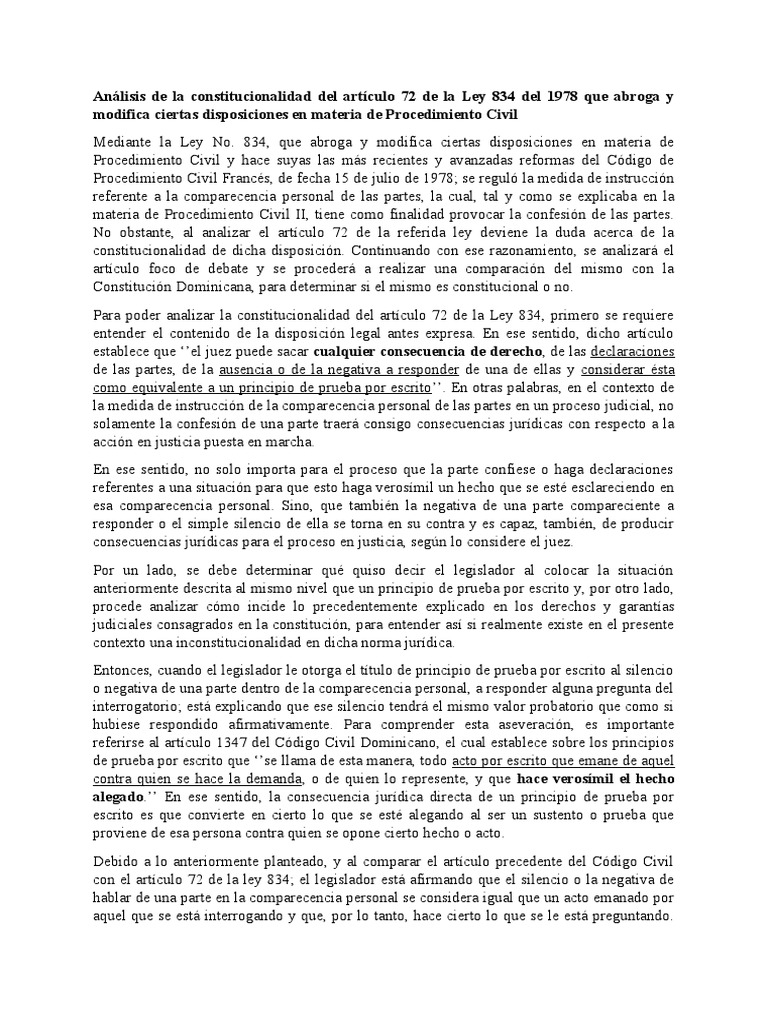 Análisis de La Constitucionalidad Del Artículo 72 de La Ley 834 Del ...