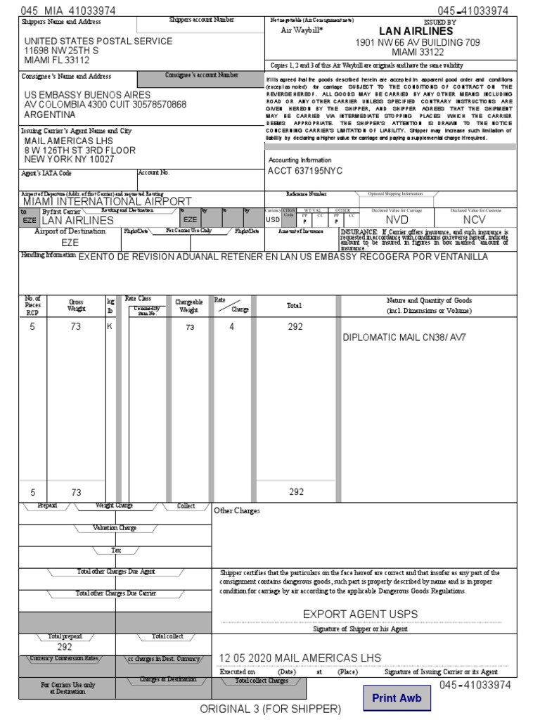 Diplomatic Mail Shipment from Miami to Buenos Aires: Air Waybill for ...