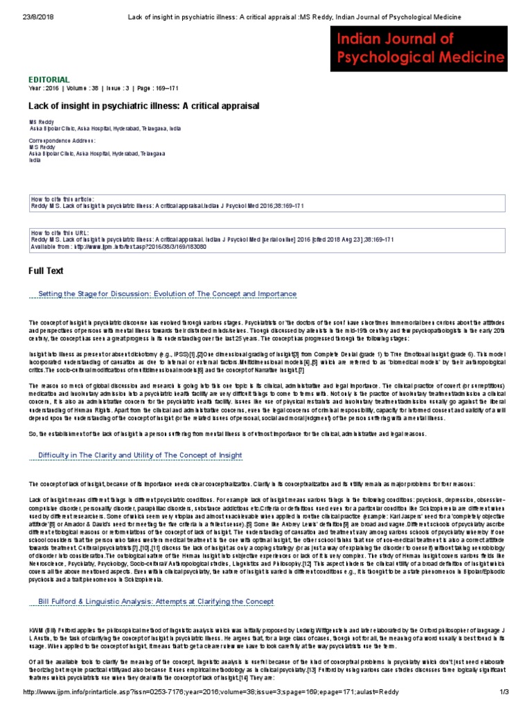 Lack of Insight in Psychiatric Illness: A Critical Appraisal | PDF ...