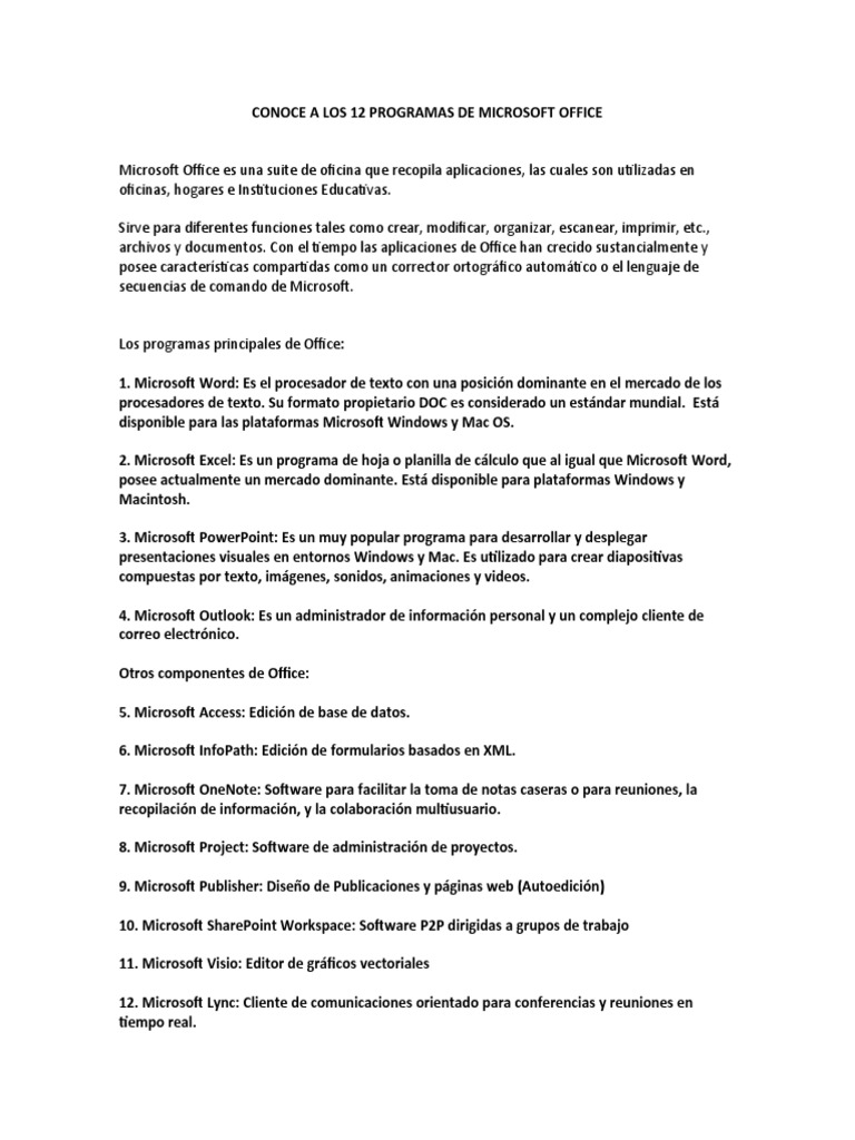 Conoce A Los 12 Programas de Microsoft Office | PDF