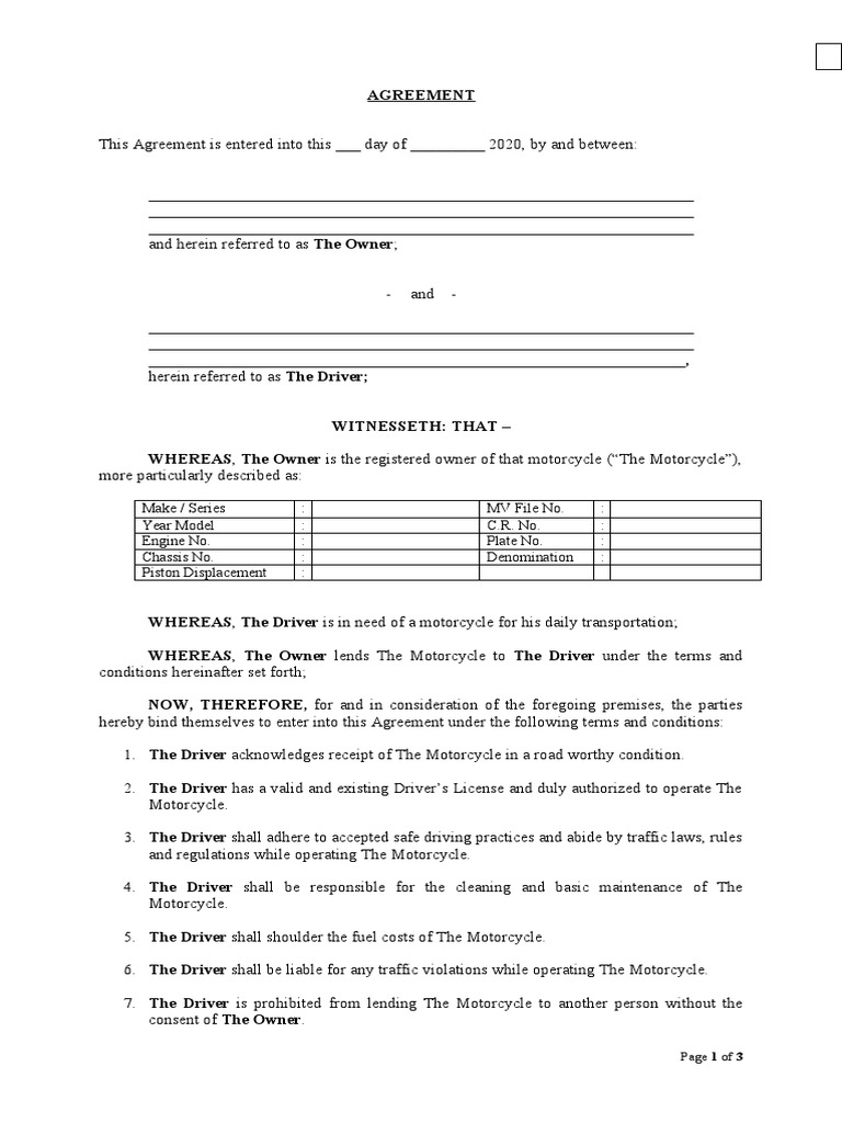 Motorcycle Use Agreement | PDF | Motorcycle | Private Law
