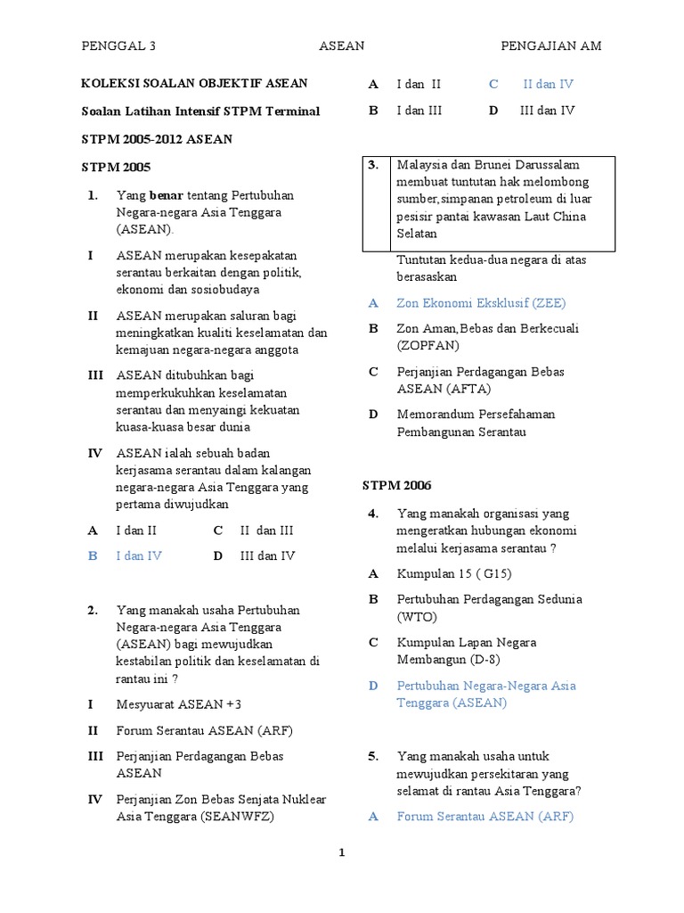 Koleksi Soalan Objektif Asean BHG 1 (Tiya) | PDF