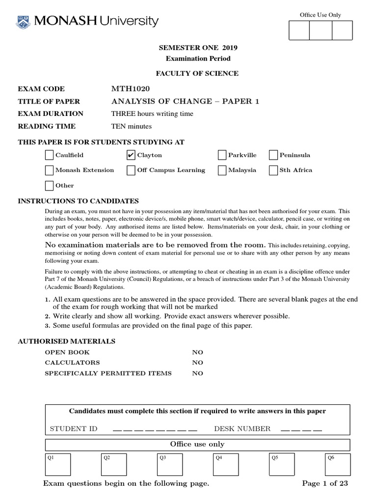 2019 S1 MTH1020 Exam With Cover Page PDF | PDF | Maxima And Minima ...
