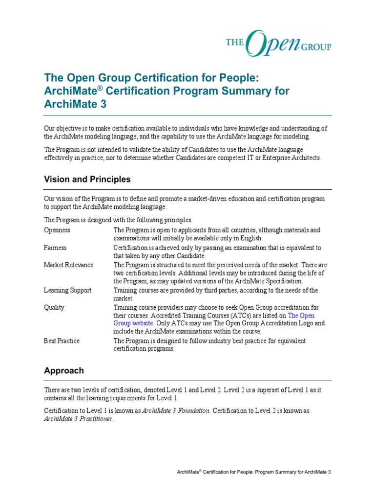 The Open Group Certification For People: Archimate Certification Program Summary For Archimate 3 ...
