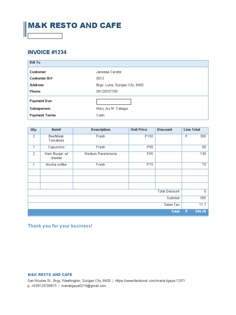 M&K Resto and Cafe: INVOICE #1234 | PDF