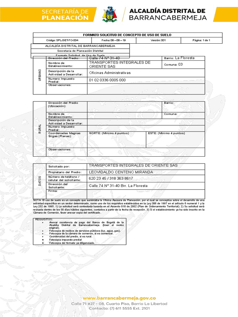 Formato Uso De Suelo Pdf Gobierno Economias 1028
