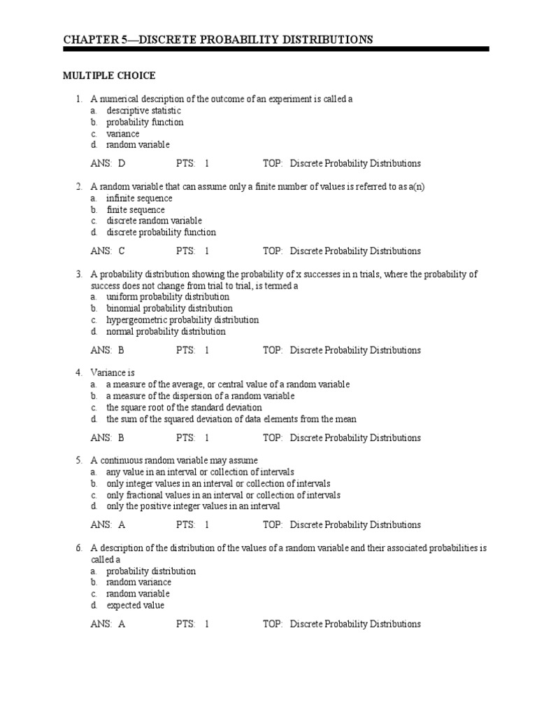 Chapter 5-Discrete Probability Distributions: Multiple Choice | PDF ...