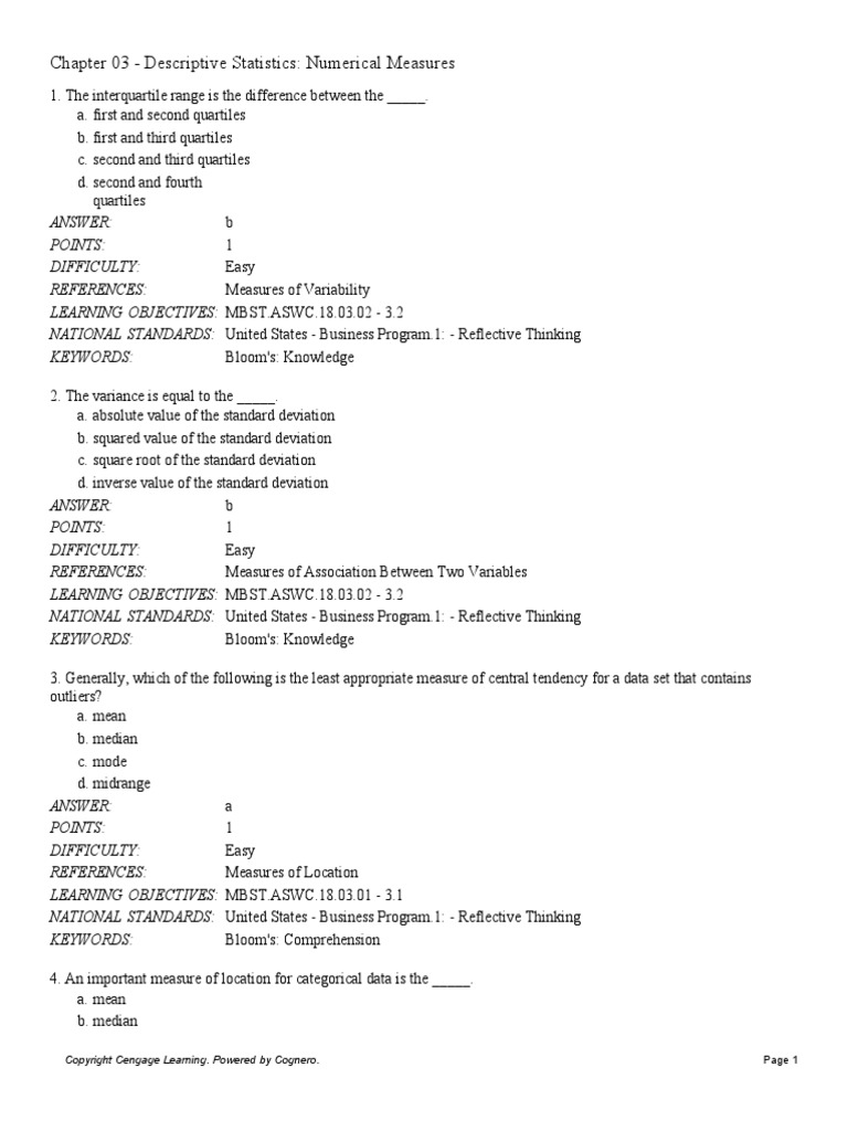 Chapter 03 - Descriptive Statistics: Numerical Measures: Page 1 | PDF ...