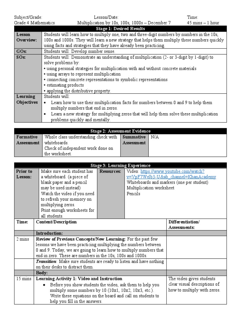 Grade 4 Multiplication by 10s, 100s, 1000s | PDF | Worksheet | Lesson Plan