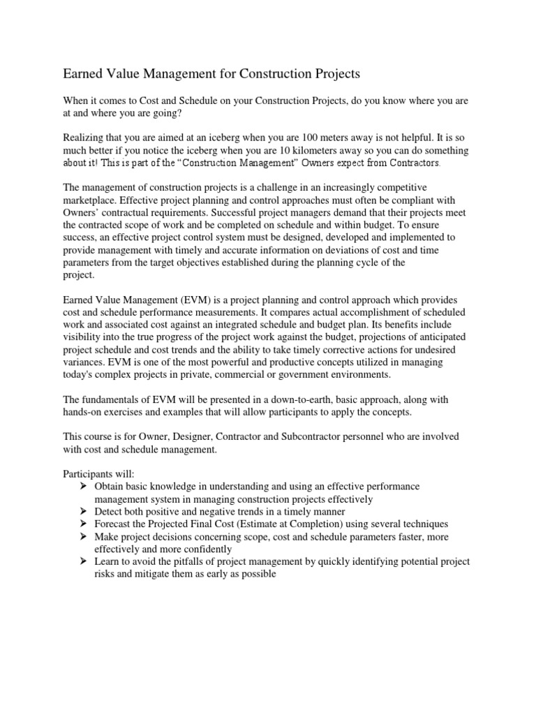 Earned Value Management For Construction Projects | PDF | Business
