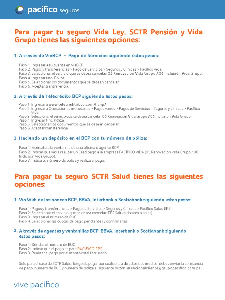 Formas de Pago Seguro Vida Ley Vida Grupo SCTR PDF | PDF
