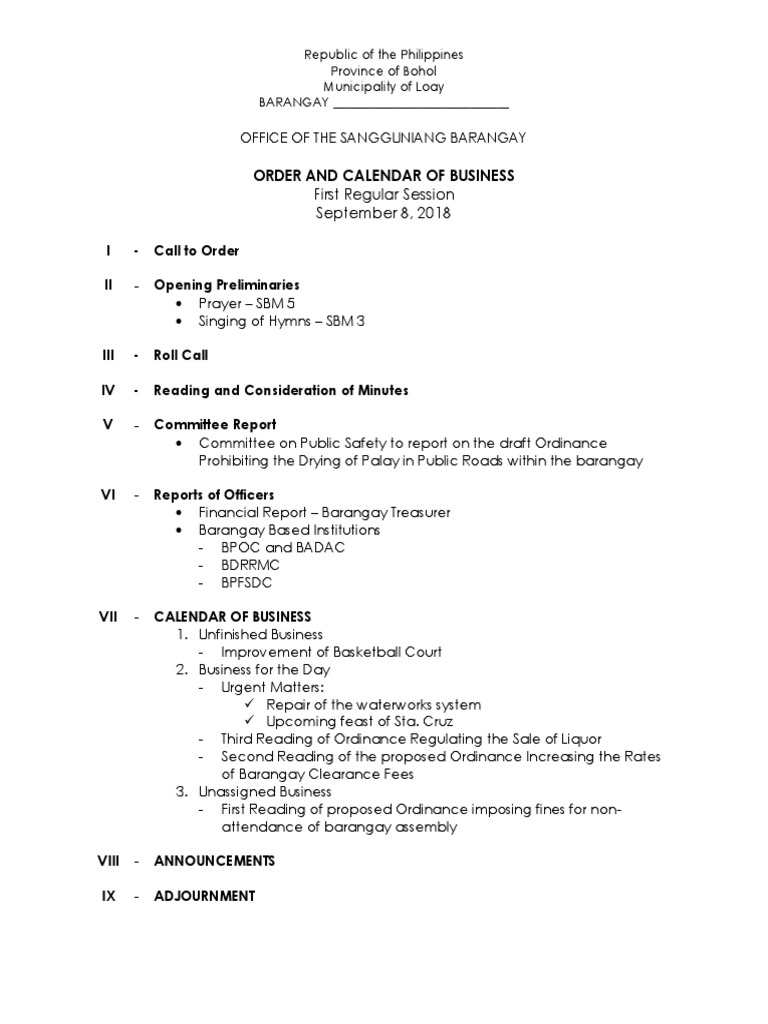 Barangay Session Order of Business | PDF