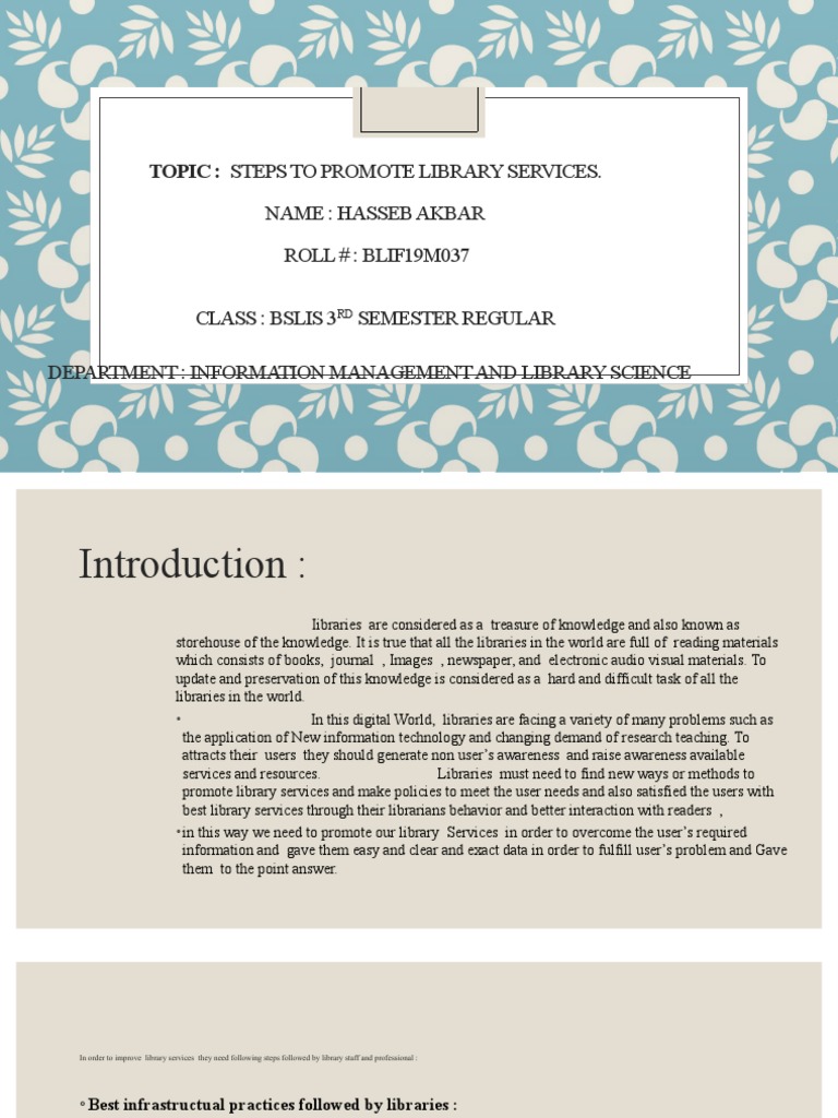 Topic: Steps To Promote Library Services | PDF | Librarian | Books