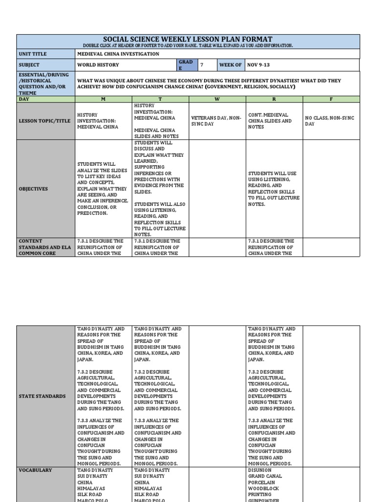 Medieval China Lesson Plan for 7th Grade | PDF | Tang Dynasty | Lecture