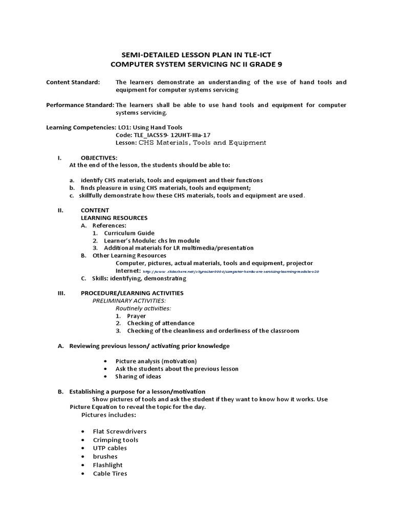 Lesson Plan Hand Tools Cot2 | PDF | Electrostatic Discharge | Learning