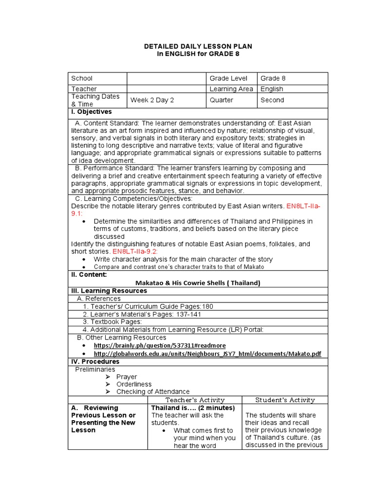 Detailed Daily Lesson Plan in English For Grade 8: En8Lt-Iia-9.1 | PDF ...