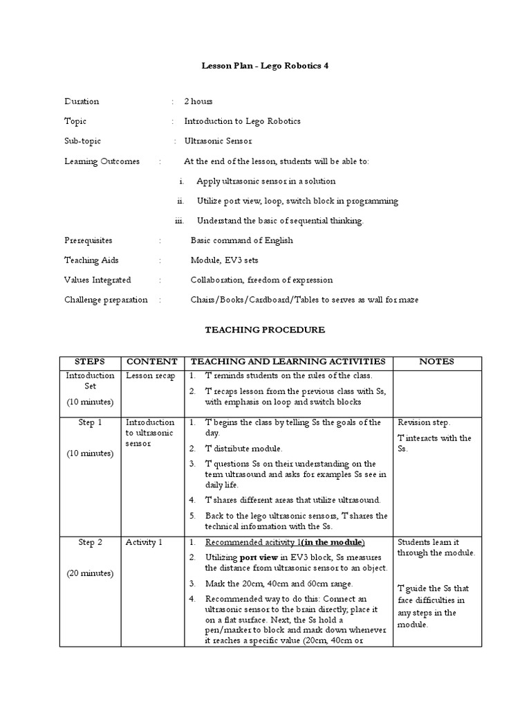 Lesson Plan - Lego Robotics 4 | PDF | Ultrasound | Lesson Plan