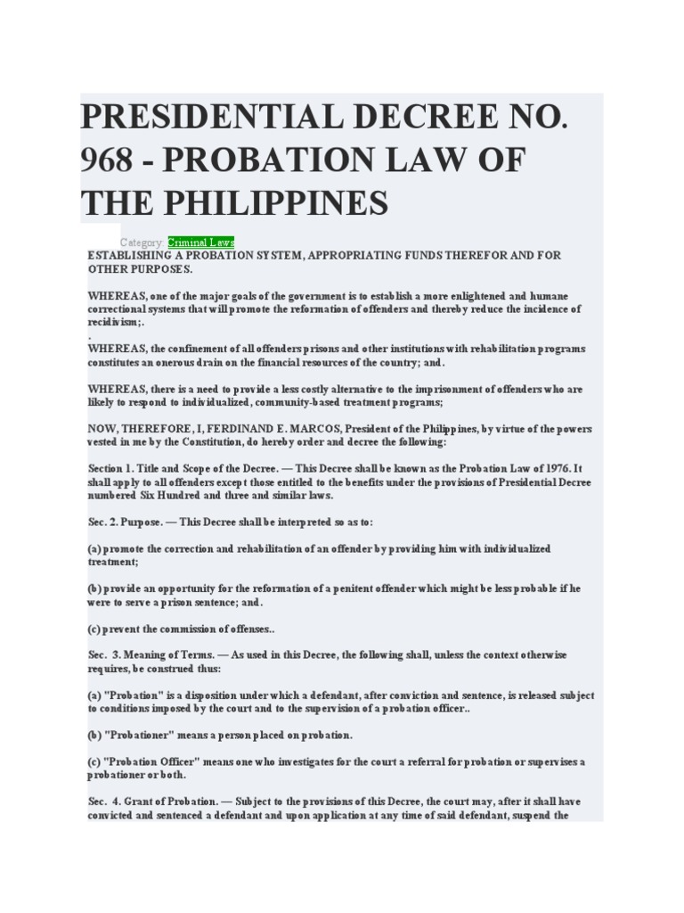 PD 968 - Probation Law | PDF | Probation | Probation Officer