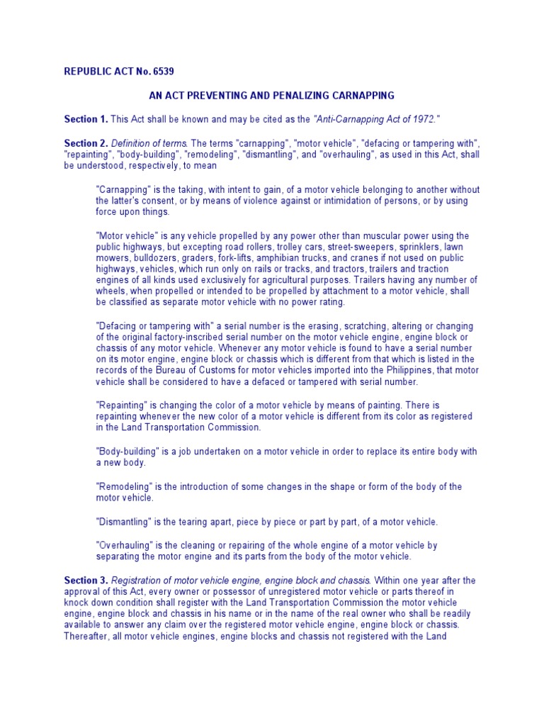 RA 6539 - Old Anti Carnapping Law | PDF | Vehicles | Repeal