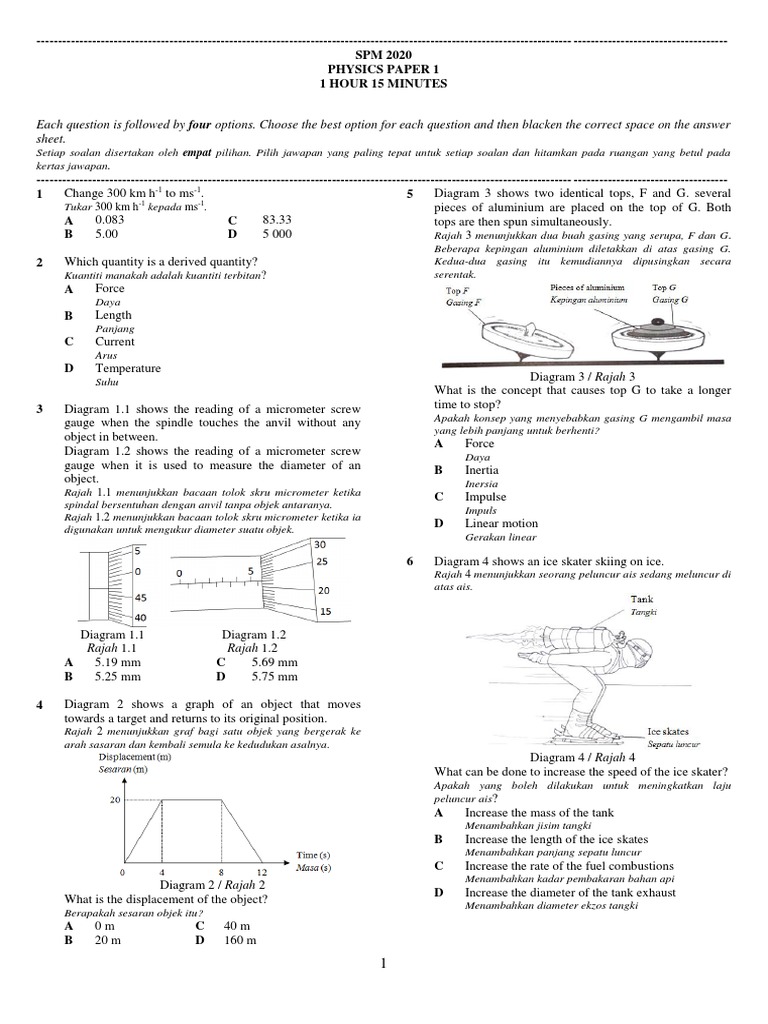 Physics Paper 1 SPM 2020 (Form 5) | PDF