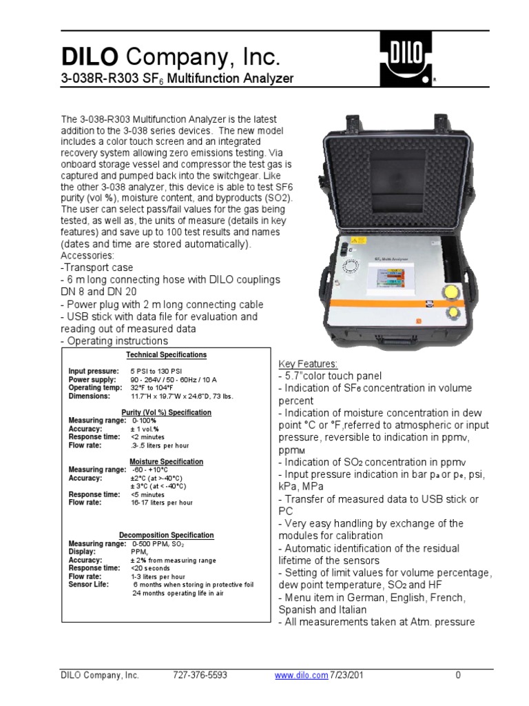 DILO 3-038R-303 SF6 Multifunction Analyzer: Technical Specifications and Key Features of the ...