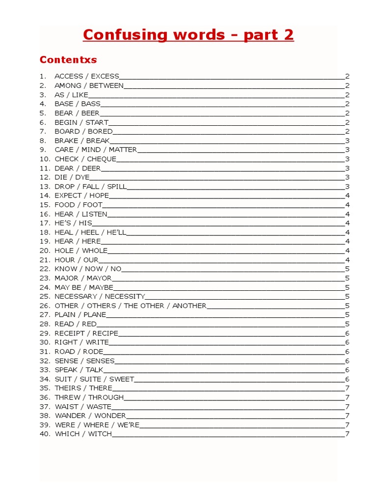 Confusing Words - Part 2: Contentxs | PDF