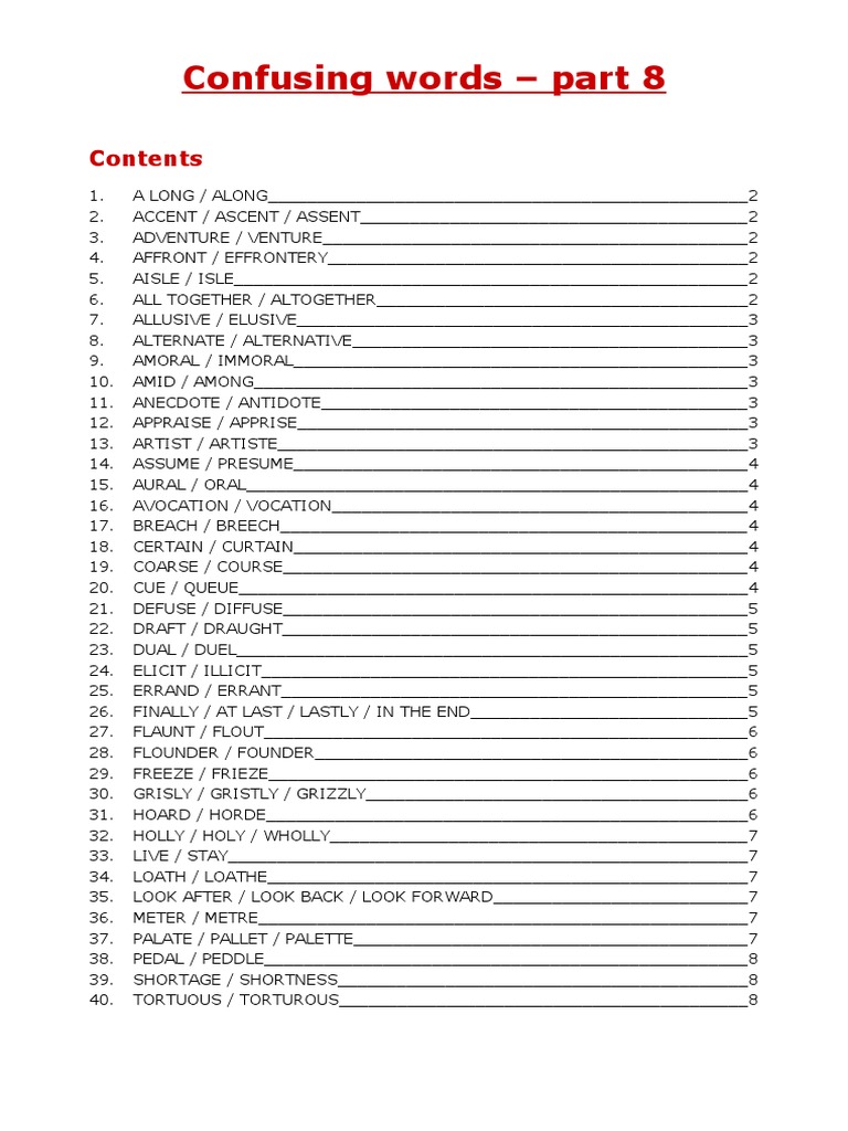 Confusing Words Part 8 Reading Comprehension Exercises Tests Writing ...