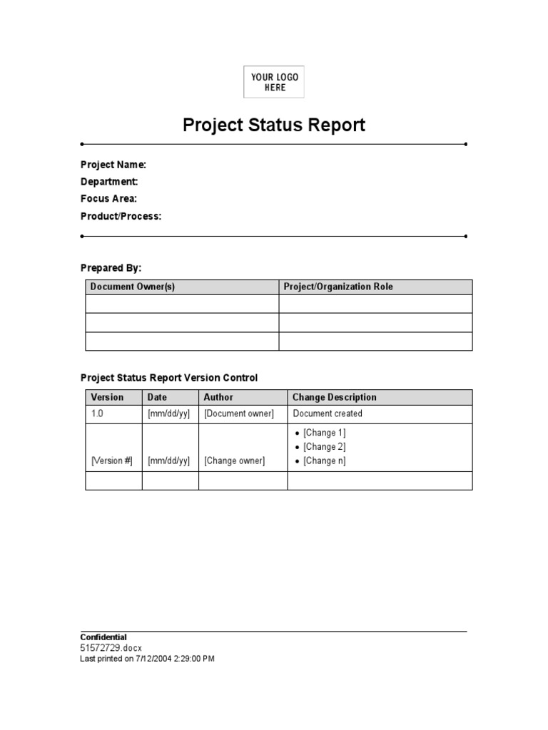 Project Status Report: Project Name: Department: Focus Area: Product ...