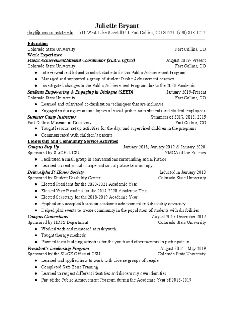 Juliette Bryant Resume Fall 2020 | PDF | Behavior Modification | Learning