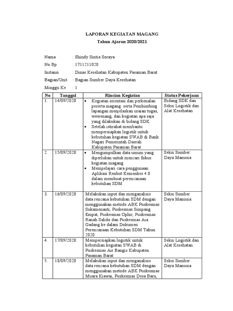 LAPORAN KEGIATAN MAGANG Per Hari | PDF