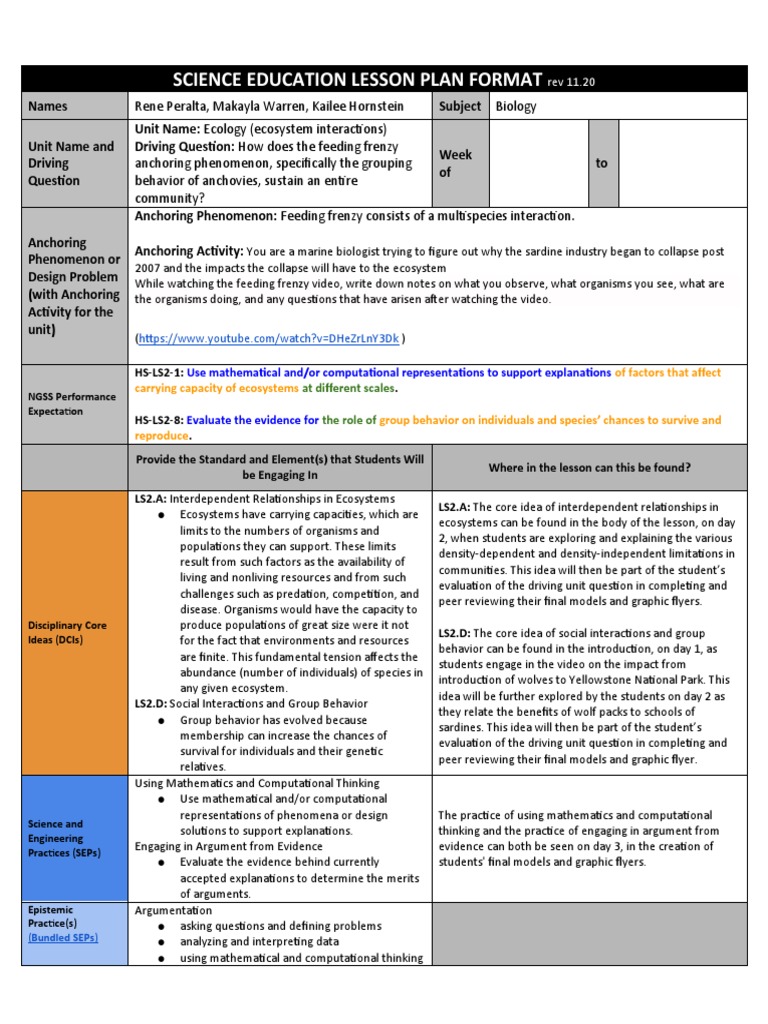 Science Education Lesson Plan Format: Rene Peralta, Makayla Warren ...