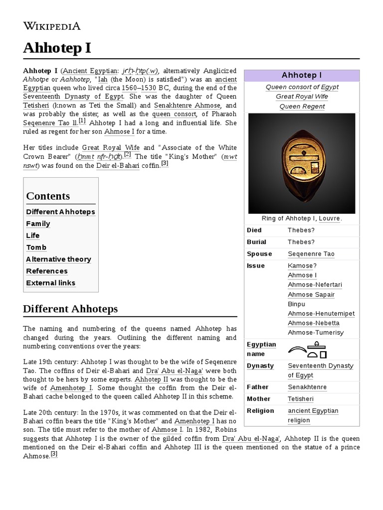 Ahhotep I: Ahhotpe or Aahhotep, "Iah (The Moon) Is Satisfied") Was An ...