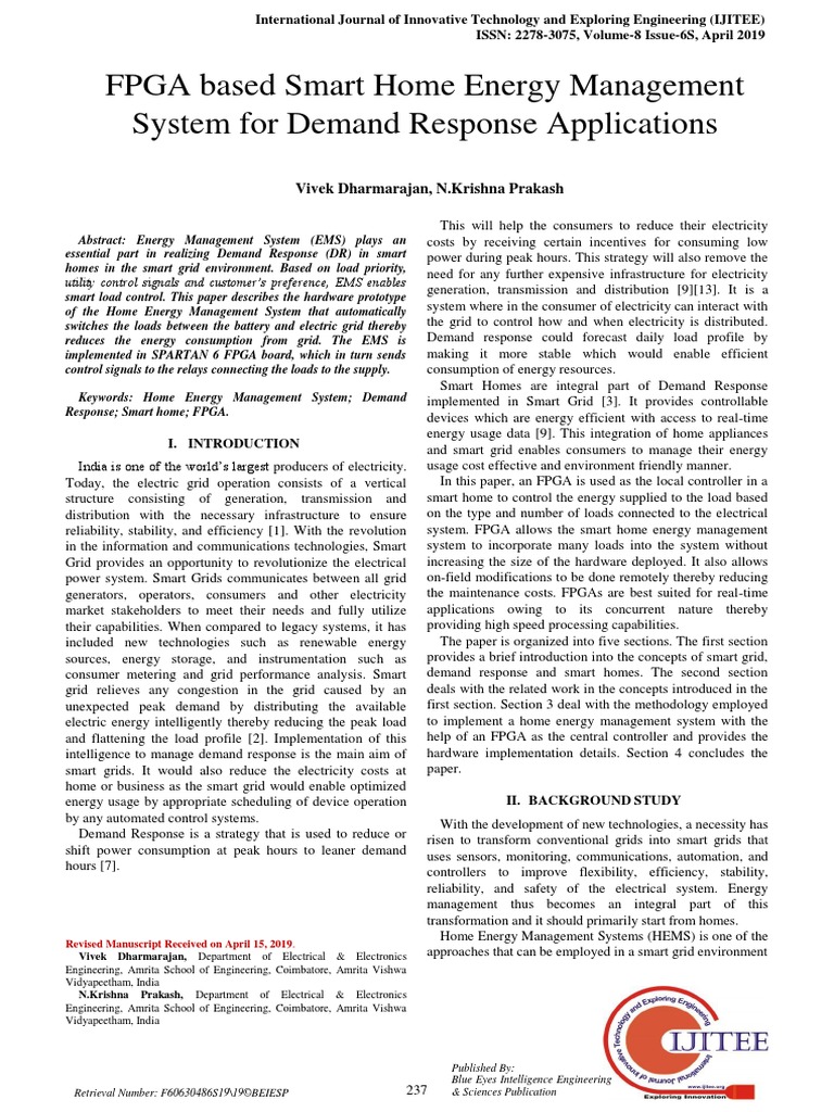 FPGA Based Smart Home Energy Management System For Demand Response Applications | PDF ...
