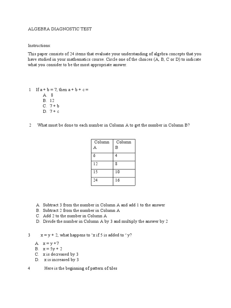 Algebra Diagnostic Test | PDF | Algebra | Teaching Mathematics