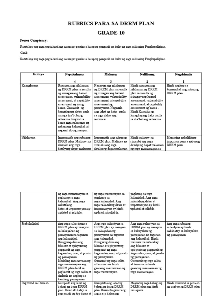 Rubrics para Sa DRRM Plan | PDF