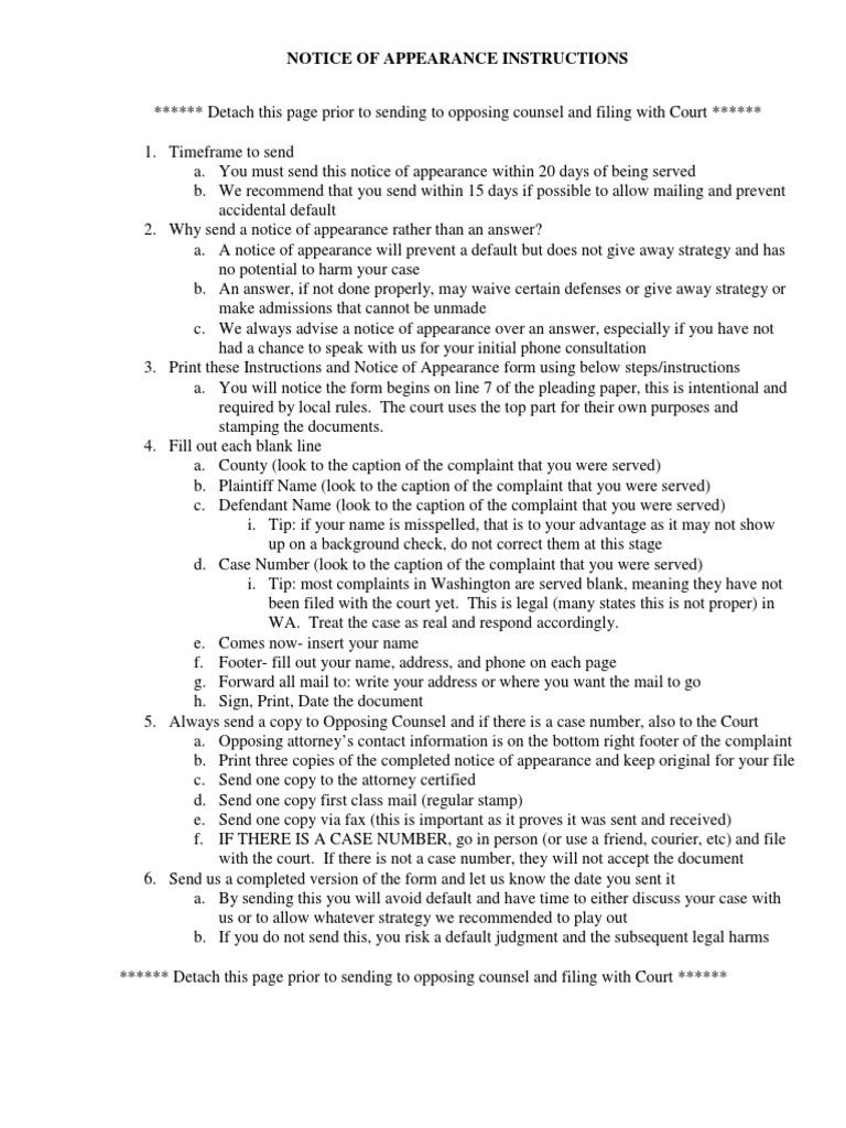 Notice of Appearance Instructions Guide | PDF | Default Judgment ...