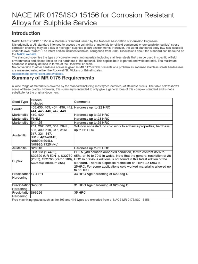NACE MR0175 Hardness Requirement | PDF | Sulfide | Stainless Steel