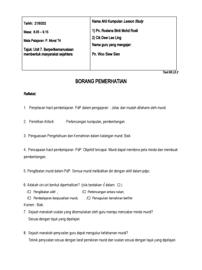 Tool Kit LS 2 - Borang Pemerhatian | PDF