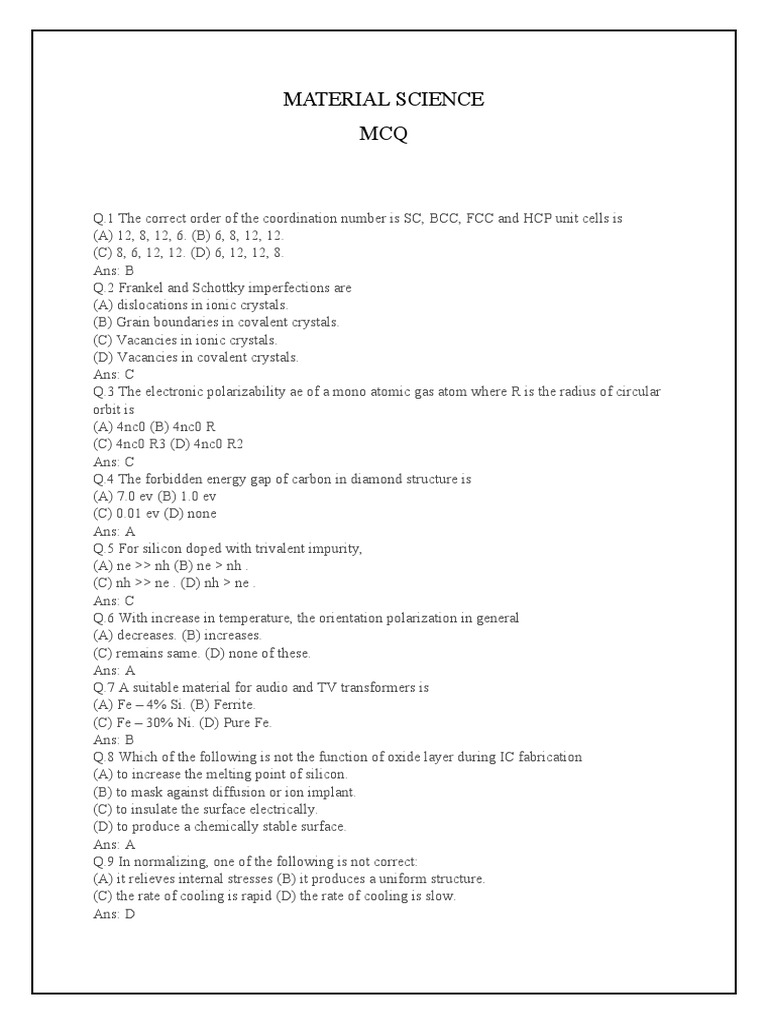 Material Science MCQ | PDF | Electrical Resistivity And Conductivity ...