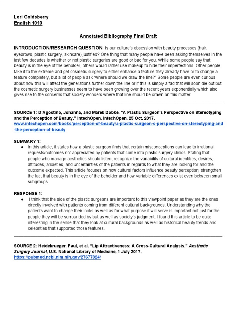 Annotated Bibliography Final Draft | PDF | Beauty | Plastic Surgery