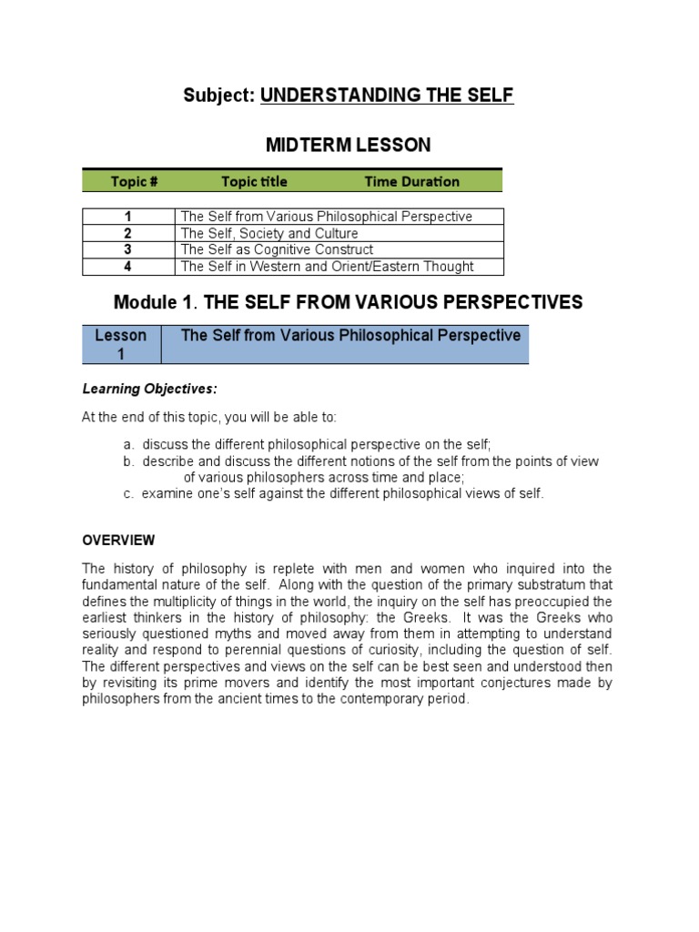 Understanding The Self Midterm Lesson Pdf Philosophy Of Self Self