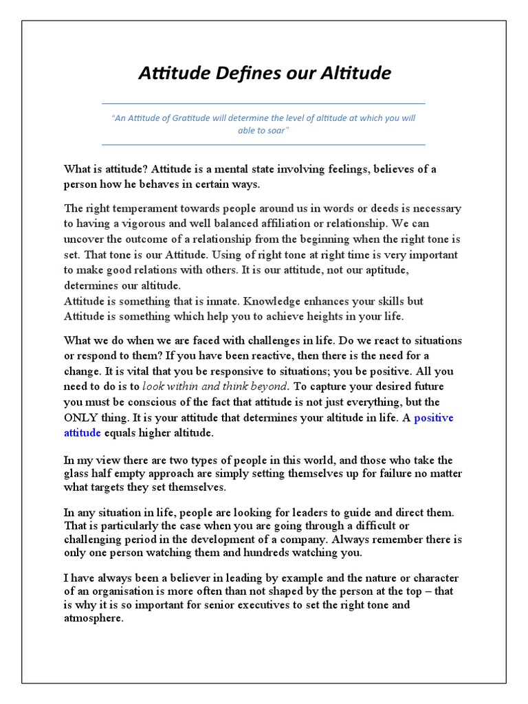 Attitude Defines Our Altitude | Download Free PDF | Mindset | Attitude ...